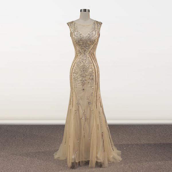 Luxurious Sheath Long Champagne Crystals Women Prom Dress V Neck Women ...