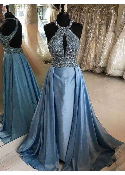 Open Back Blue Satin Prom Dress Halter Neck Beaded Evening Dress on Luulla